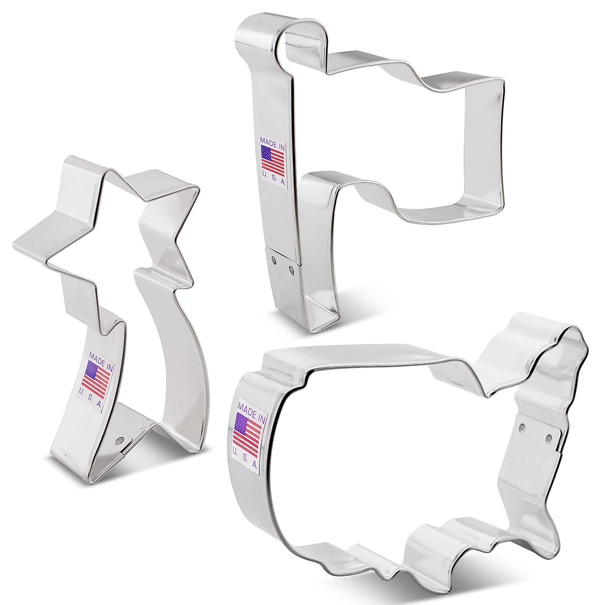 Fourth of July Cookie Cutter 3-Pc Set Made in USA by Ann Clark, Flag, Shooting Star, USA Map