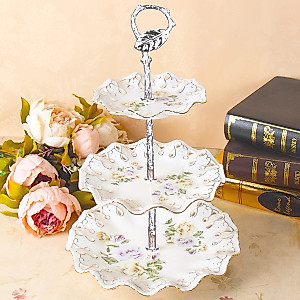 3-Tier 13.5’’ Cupcake Stand Hardware Fittings, Metal Mold Crown Holder DIY Making for Fruit Plate Cake Stand Snack Tray Replacement Parts for Tea Party Wedding Decoration (3 Sets - Silver Leaf)