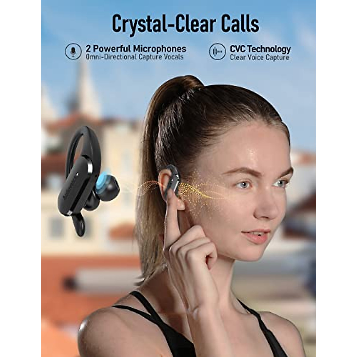 Audiovance SP301 True Wireless Earbuds Bluetooth 5.2 Earphones, Over Ear Headphones with Mic and Earhooks for Women Men Workout Running Sports Gym, 24H Battery Waterproof Ear Buds for iPhone Android.