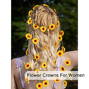 AWAYTR Flower Hippie Headband Floral Crown Behemain Sunflowers Beads Adjust Flower Headdress Hair Accessories (Yellow)