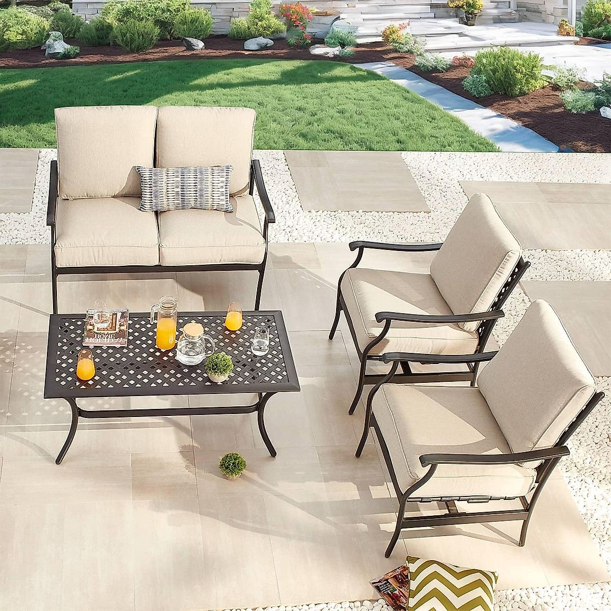 PatioFestival Patio Conversation Set 4-Piece Cushioned Outdoor Furniture Sets with All Weather Frame for Porch Backyard Lawn(Beige)