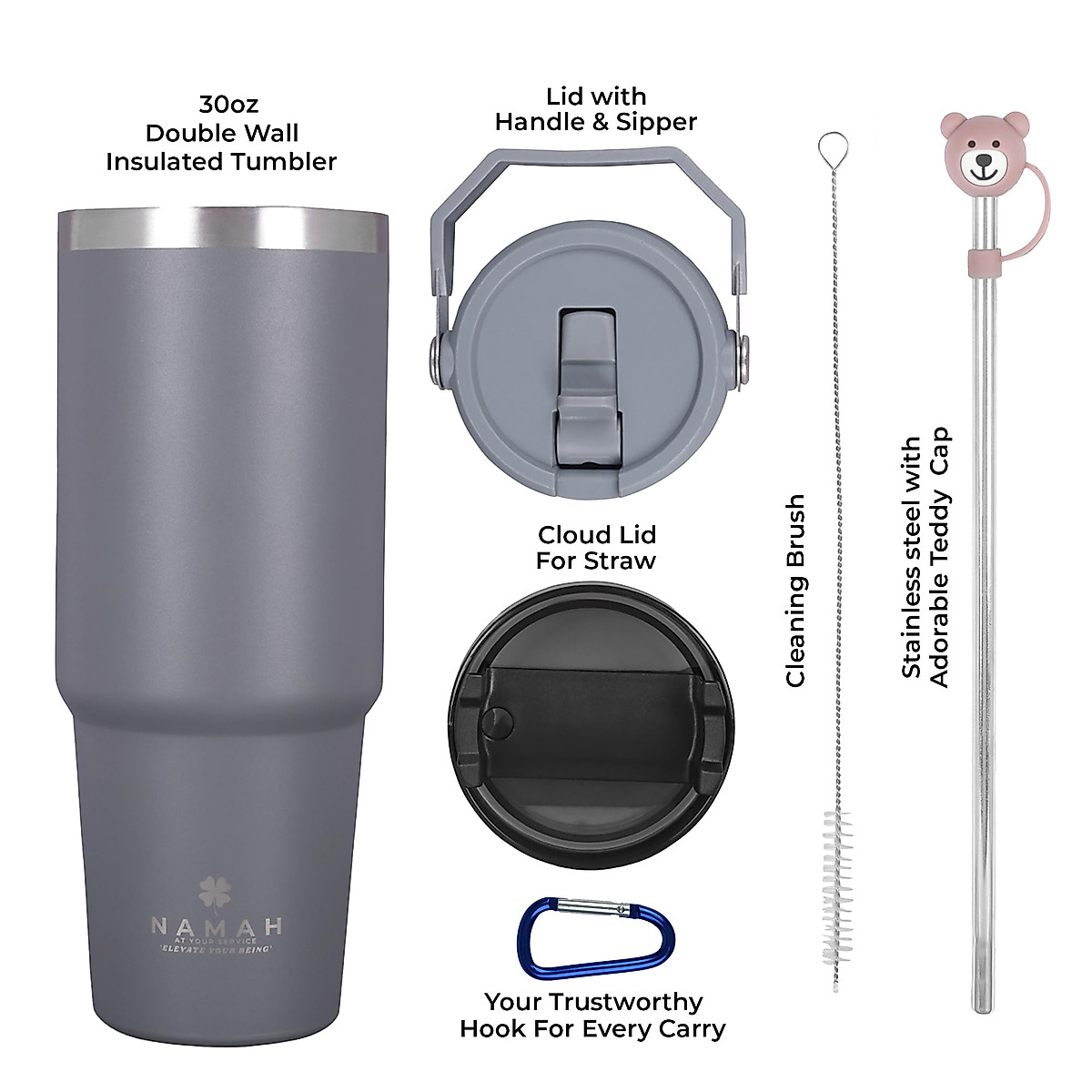 NAMAH-AtYourService 30oz/890ml Stainless Steel Tumbler Handle - Vacuum Insulated leakproof extra Cloud LID Stainless Steel Straw Straw Cap cleaning brush & Carabiner Hook (Stormy Slate Gray), Large