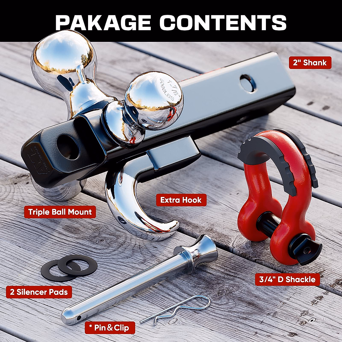 Ayleid Trailer Hitch Tri-Ball Mount with Hook&Pin&Rotatable Tow Shackle,Fits 2-in Receiver with 1-7/8-in,2-in,2-5/16-in Hitch Ball