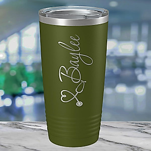 Personalized Heart Stethoscope Tumbler Gift for Nurse, RN, LPN, CNA, CMA, MA Laser Engraved on Army Green 20 oz Stainless Steel Tumbler with Lid - Insulated Cup - Custom Travel Mug