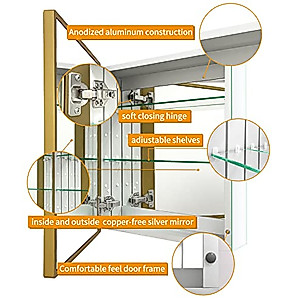 FOMAYKO Aluminum Bathroom Medicine Cabinet with Farmhouse Gold Framed 20(H) x16(W) Inches Recess or Surface Mount Mirror Cabinet for Bathroom Toilet Kitchen