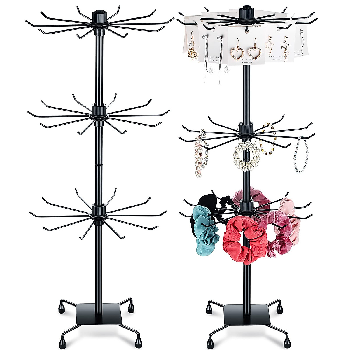 BBTO 2 Pcs Rotating Display Stand Jewelry Display Rack with Hooks Metal Earrings Stand for Vendors Necklace Bracelet Selling(Black,28.35 x 11.81 Inch)