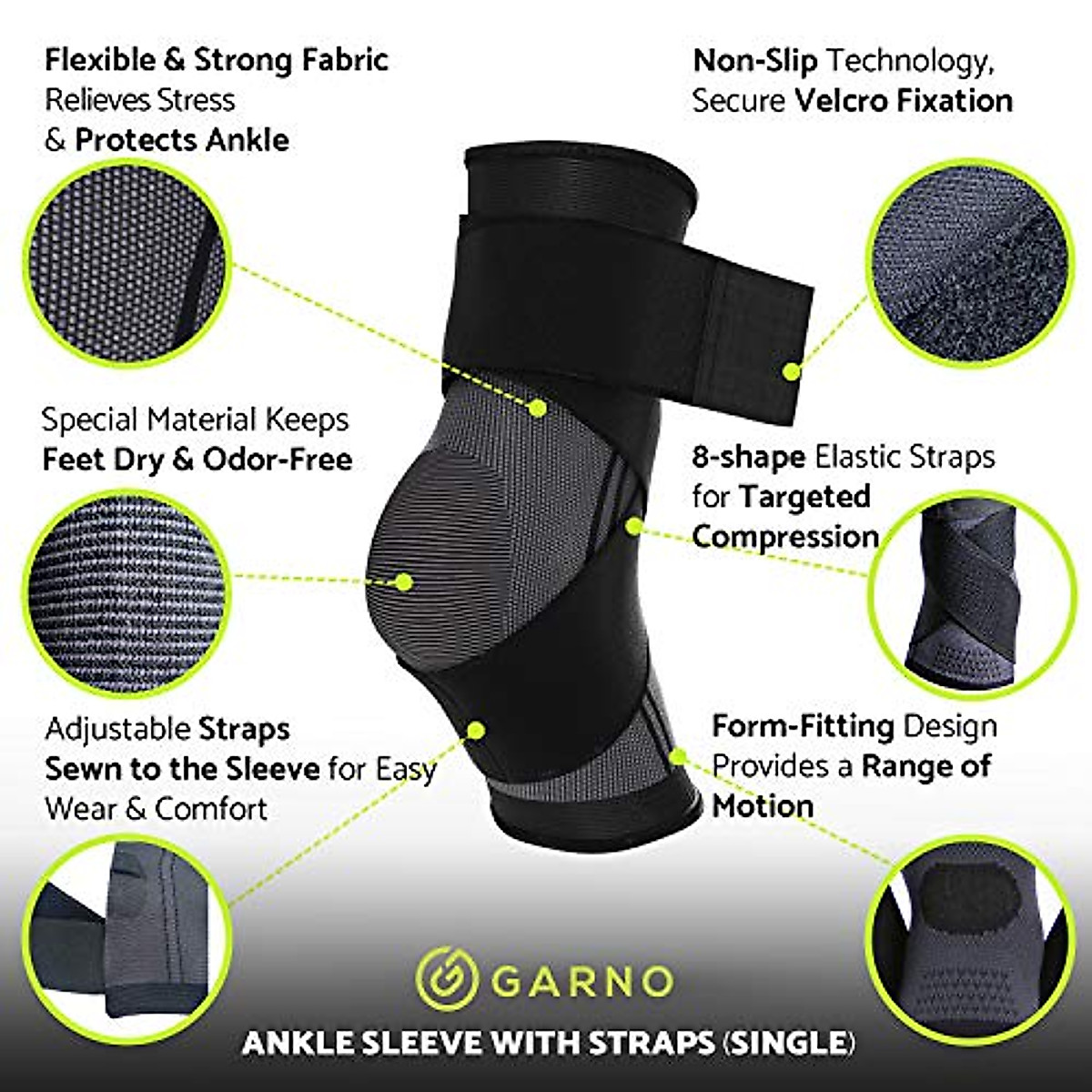 GARNO Ankle Brace Compression Sleeve with Adjustable Straps, Arch Support & Foot Stabilizer, Elastic Wrap for Plantar Fasciitis, Achilles Tendonitis Recovery, Sports Bandage Sock; Men, Women