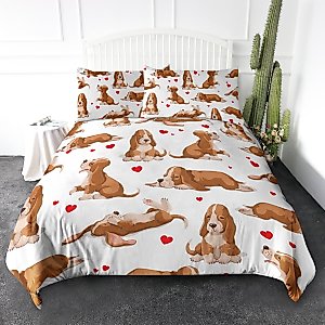 ARIGHTEX 3 Pieces Small Basset Hound Pattern Duvet Cover Set King Size Ultra-Soft Cute Dogs Red Heart Print Bedding Set 1 Duvet Cover and 2 Pillowcases