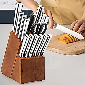 COSTWAY Kitchen Knife Set, with Block, Sharpener & Kitchen Shears,Ultra Sharp Knife Set with Chef Knife, Bread Knife, Santoku Knife, Utility Knife, 6 Steak Knives(16-Pieces, Silver, Brown)