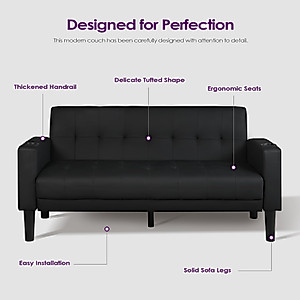 TYBOATLE Sofa Couch 62" W Loveseat w/ 2 USB Charger Ports & 2 Cupholders, Mid-Century Modern Tufted Black Faux Leather Small Love Seat Couches for Office,Compact Living Room,Bedroom,Apartment,Dorm