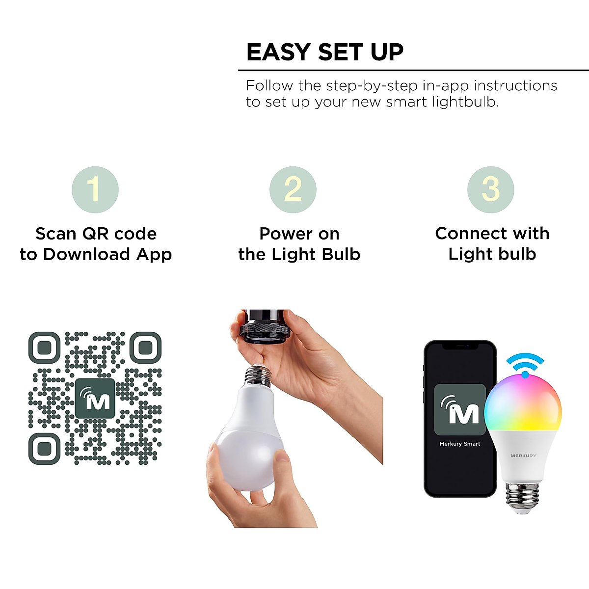 Merkury Smart Light Bulbs, 800 Lumen, WiFi RGBWW Color Changing LED Bulbs, Compatible with Alexa & Google Home, Dimmable Multicolor A19 Bulbs, No Hub Required, 6-Pack