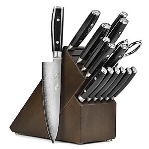 Yaxell Ran Plus 16 Piece Knife Set - Made in Japan - 69 Layers VG10 Damascus, Dark Ash Block