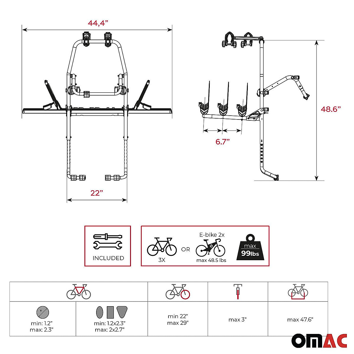 OMAC Bike Rack Hitch Mounted | Trunk Bicycle Car Racks Carrier Adjustable Hitches Suitable for E-Bikes | Automotive Exterior Accessories (3 Bikes)