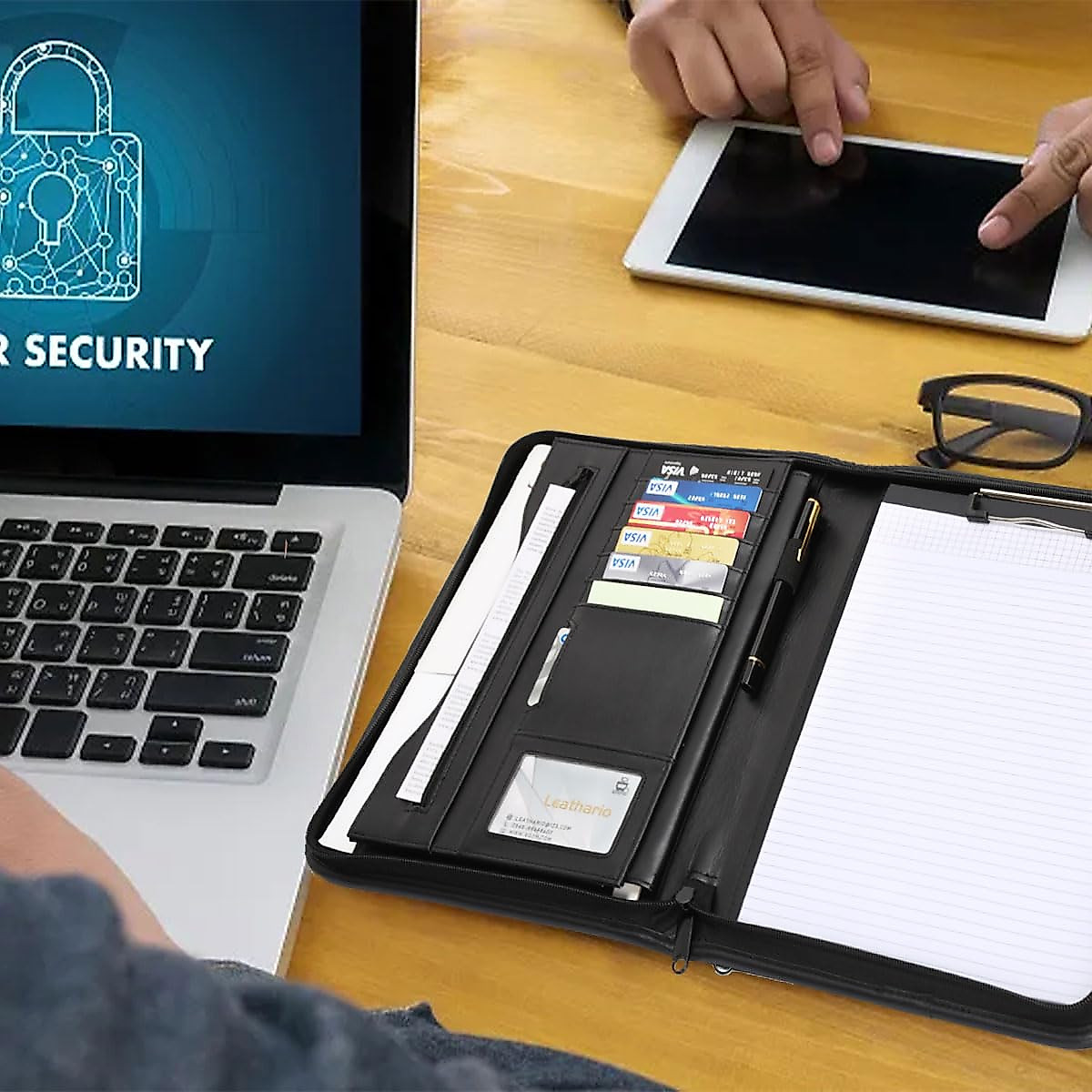 Leathario Portfolio Binder, A4 Padfolio Office Organizer, Business Folder Accessories with Zipper, Superior Vegan Leather, 9.7 Inch Tablet Sleeve, Writing Pad Document for Men Women, Card Storage