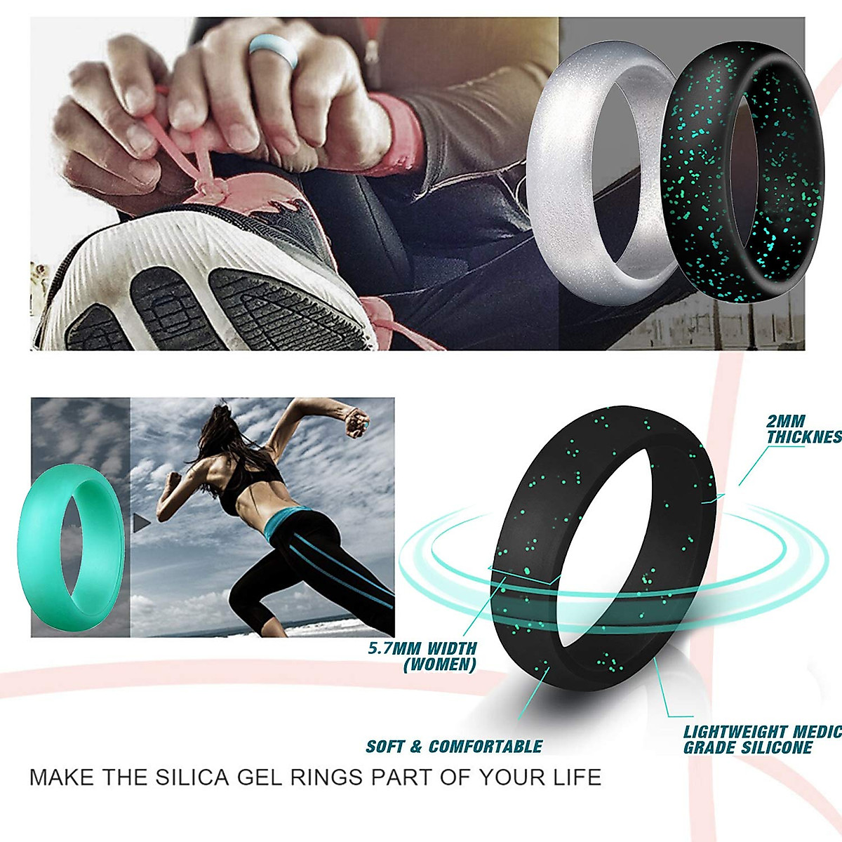 SkullParty Silicone Wedding Ring Bands for Women 10 Pack Size 5 Womens Thin Stackable & Flash Powder Rubber Wedding Band Rings 5.7mm & 3mm Wide - Pink Black Teal Metallic White Grey Mint Green