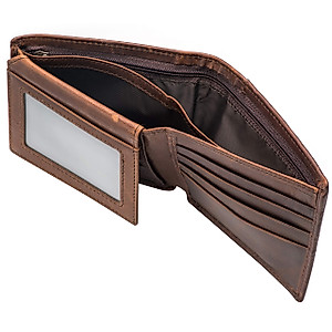 POKOFO RFID Blocking Genuine Leather Bifold Wallet for Men with Zipper and 2 ID Windows (Dark brown)