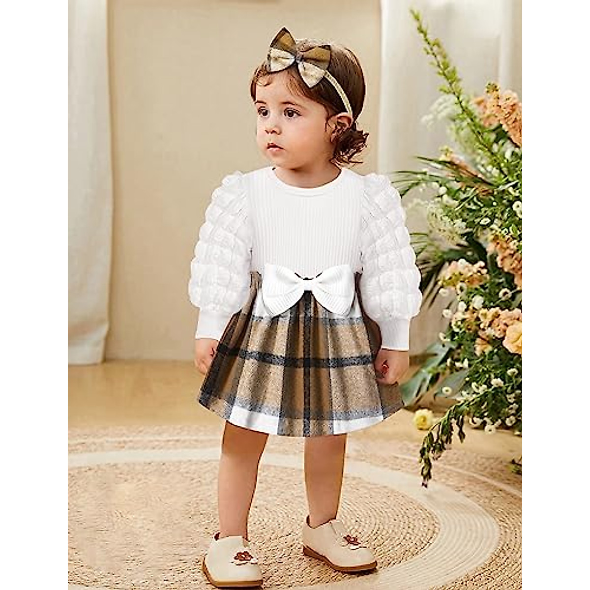 Qaoerde Baby Girl Dresses 12-18 Months Baby Girl Dress Puff Sleeve Brown Plaid Dress Baby Girls' Dresses Baby Dresses 12-18 Months Baby Girl Fall Dress Baby Girl Winter Dress Thanksgiving Outfit