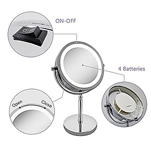 BROHN 7 Inch 10x Magnification Circular Makeup Mirror Dual Sided LED 360 Degree Rotating Cosmetic Mirror Stand Magnifier