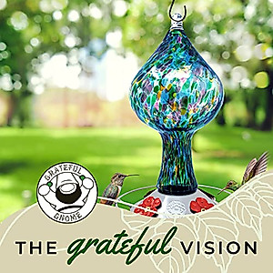 Hummingbird Feeder by Grateful Gnome - Large Hand Blown Stained Glass Feeder for Garden, Patio, Outdoors, Window with Accessories S-Hook, Ant Moat, Brush - 26 fl oz, Purple Speckled Mushroom