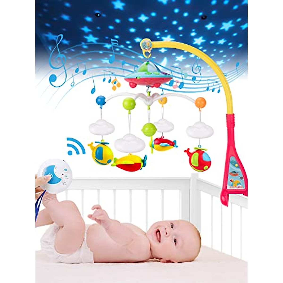 UNIH Baby Crib Mobile with Lights and Music, Moon and Stars Projection for Infants