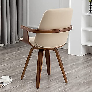 WUPOTO Dining Chairs Set of 2, Mid Century Modern Dining Room Chairs, Upholstered Faux Leather Kitchen Chairs with Wooden Arms and Legs, 360 Degree Swivel (Beige)