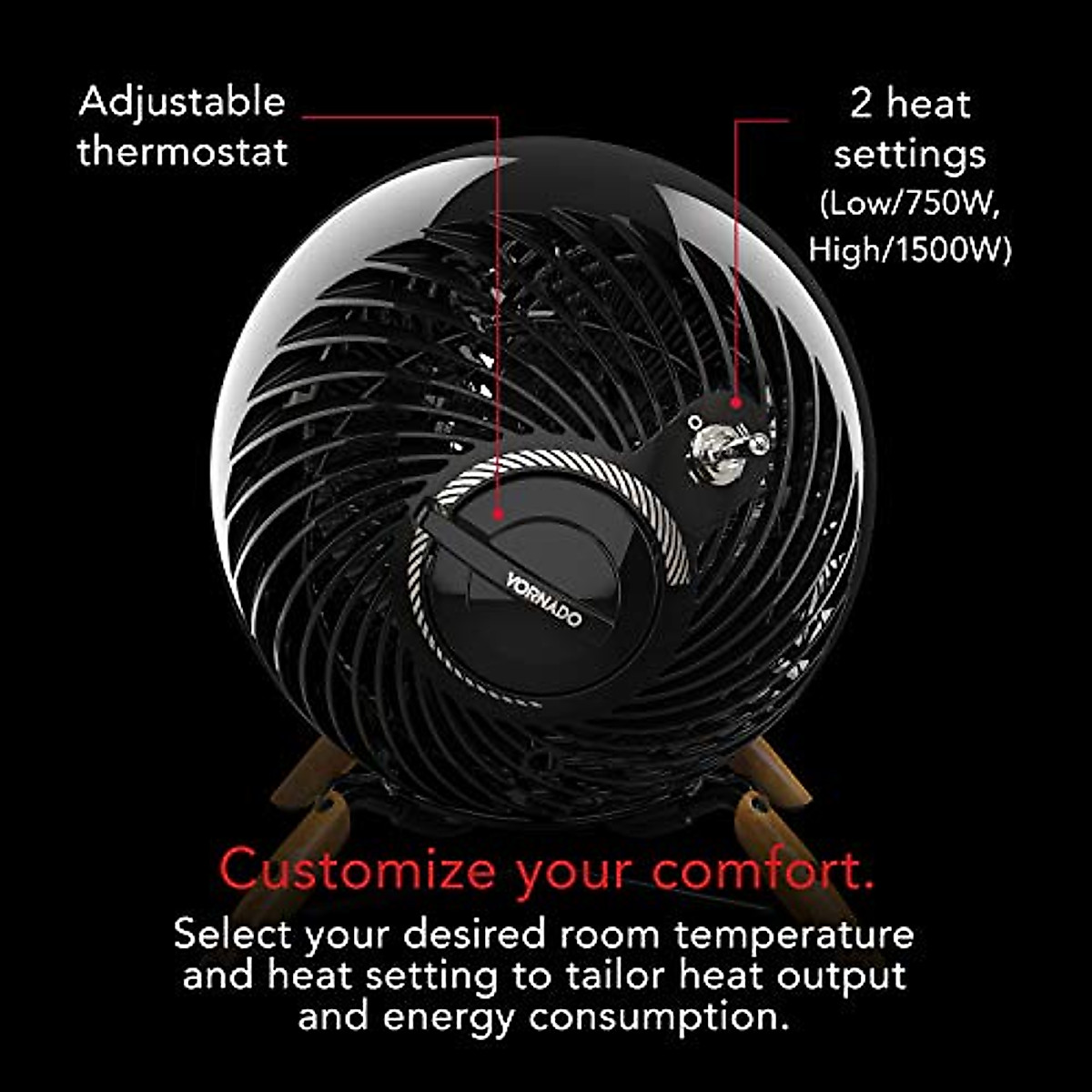 Vornado Glide Vortex Heater, Whole Room, 2 Heat Settings, Adjustable Tilt, Advanced Safety, Black