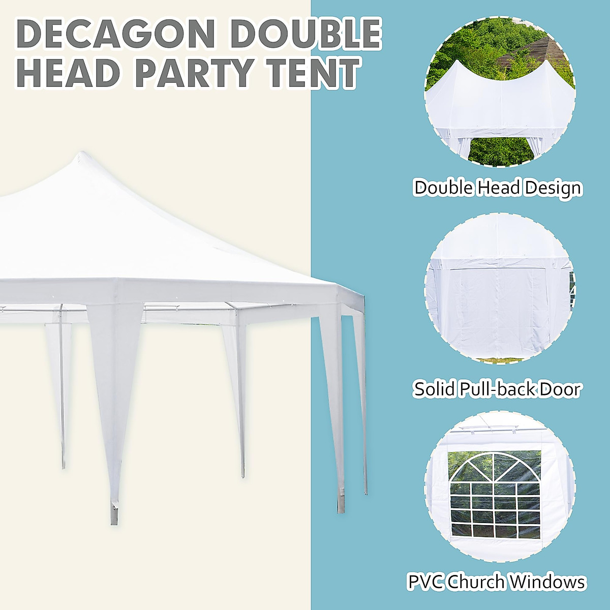 EROMMY 26x19ft Party Tent, White Wedding Tent, Decagonal Heavy Duty Canopy with 8 Removable Sidewalls, 8 Church Windows and 2 Pull-Back Doors, Outdoor Gazebo Pavilion Shelter Tent for Party, Event