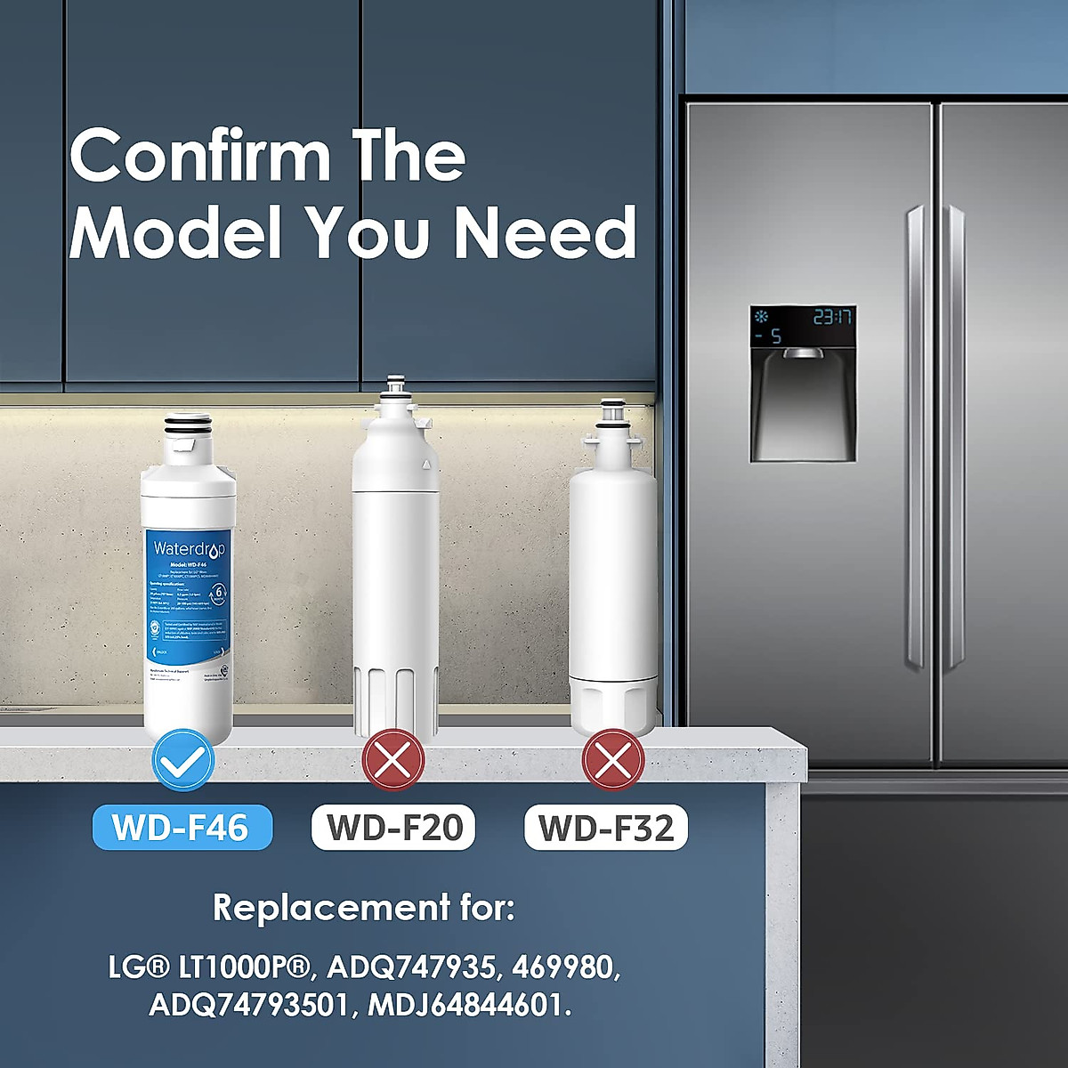 Waterdrop LT1000PC ADQ747935 MDJ64844601 Refrigerator Water Filter, Replacement for LG® LT1000P®, ADQ74793501, ADQ74793502, 46-9980, 9980, LFXC24796S, LSFXC2496D, NSF Certified