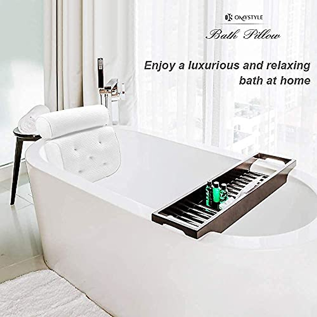 OMYSTYLE Bath Pillow for Tub, Bathtub Pillows with Soft 5D Air Mesh & 5 Large Suction Cups, Quick Dry Spa Bath Pillow for Neck, Head, Shoulder and Back Support - Soft, Non-Slip, Extra Thick