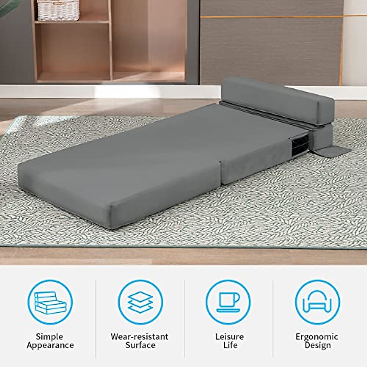 Mjkone Folding Futon Sofa Bed, Modern Convertible Couch for Compact Living Room Office Apartment Space, Modular Sectional Sofa for Resting Camping- Single, Dark Grey