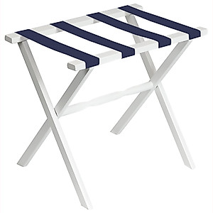 Gate House Furniture White Wood Folding Luggage Rack with Straight Legs and 4 Navy Straps