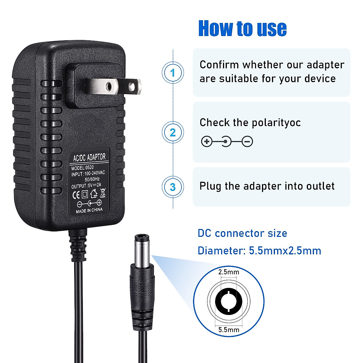 TOBWOLF 2PCS 5V 2A Power Supply Adapter, DC 5V 10W Switching Power Adapter, AC 100V-240V to DC 5 Volt 2 Amp Universal Switching Transformer, 5.5 x 2.5mm Plug for Router, CCTV Camera, Cordless Phone