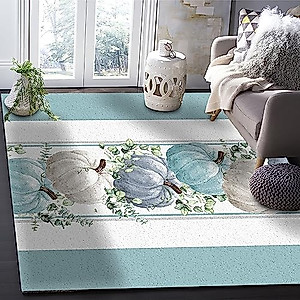 OComster Fall Thanksgiving Rectangle Shape Large Area Rugs - 2 x 3 Feet Blue Grey Pumpkin Eucalyptus Leaves Teal Striped - (Non-Woven + Rubber) Low File Floor Mat