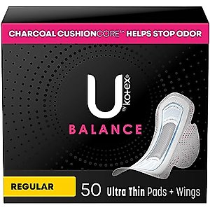 U by Kotex Balance Ultra Thin Pads with Wings, Regular Absorbency, 50 Count (Packaging May Vary)