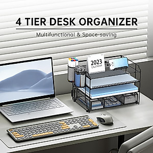 DALTACK 4-Trays Desktop File Organizer with Pen Holder，Letter Tray Paper Organizer with Drawer and Pen Holders, Black Mesh Office Supplies File Holder，Desk Organizer for Office School Home