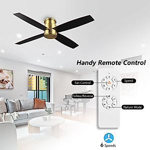 WINGBO 52" Flush Mount DC Ceiling Fan Without Lights, 4 Reversible Blades, Ultra Quiet 6-Speed DC Motor, Hugger Low Profile Indoor Ceiling Fan No Lights, Brass Finish