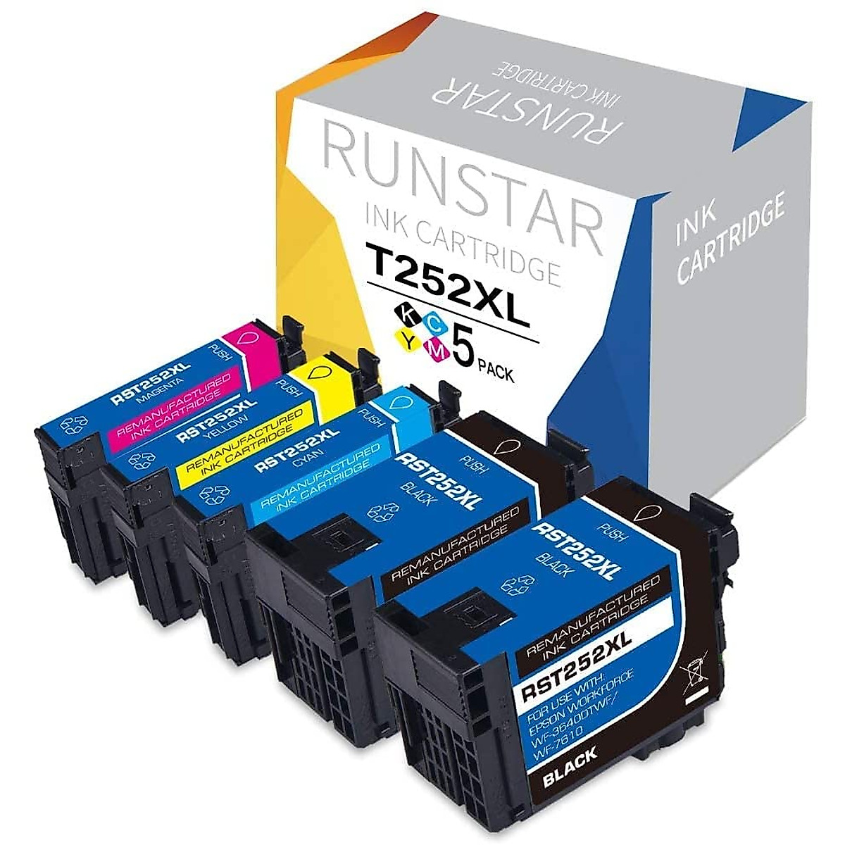 Run Star Remanufactured Ink Cartridge Replacement for Epson 252XL T252XL 252 XL Used in Workforce WF-7720 WF-7710 WF-3640 WF-3620 WF-3630 WF-7610 WF-7620 WF-7110 WF-7210, 5-Pack (2BK/1C/1Y/1M)