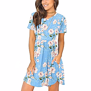 LONGYUAN Woman Casual Swing Sundresses Short Sleeve Loose Beach Dresses with Pockets Floral Small