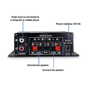 XMSJSIY 12V HiFi Stereo Audio Amplifier for Car 2 Channel HiFi Bass Audio Subwoofer Amp for Cars CD DVD MP3 Player Speakers