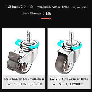 Stem Casters, 360 Degree Swivel Stem TPR Wheels with Metric M6-1.0x15mm Thread Rods Replacement Industrial Castors for Carts, Furniture, Dolly, Workbench (1.5 inch with Brakes)