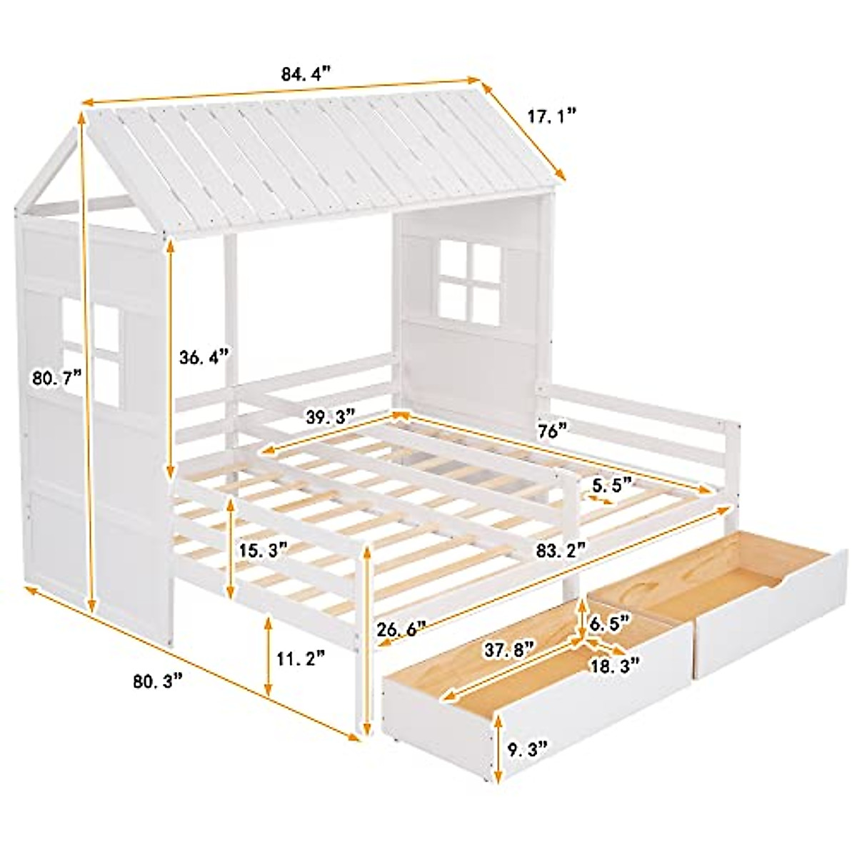 ODC Double Twin Size House Beds with 2 Drawers Solid Wood House Bed Frame for 2 Kids, Tent Bed for Boys Girls Teens Bedroom with Storage,Roof, Windows, Guardrail, 2 in 1 Bed No Box Spring Needed