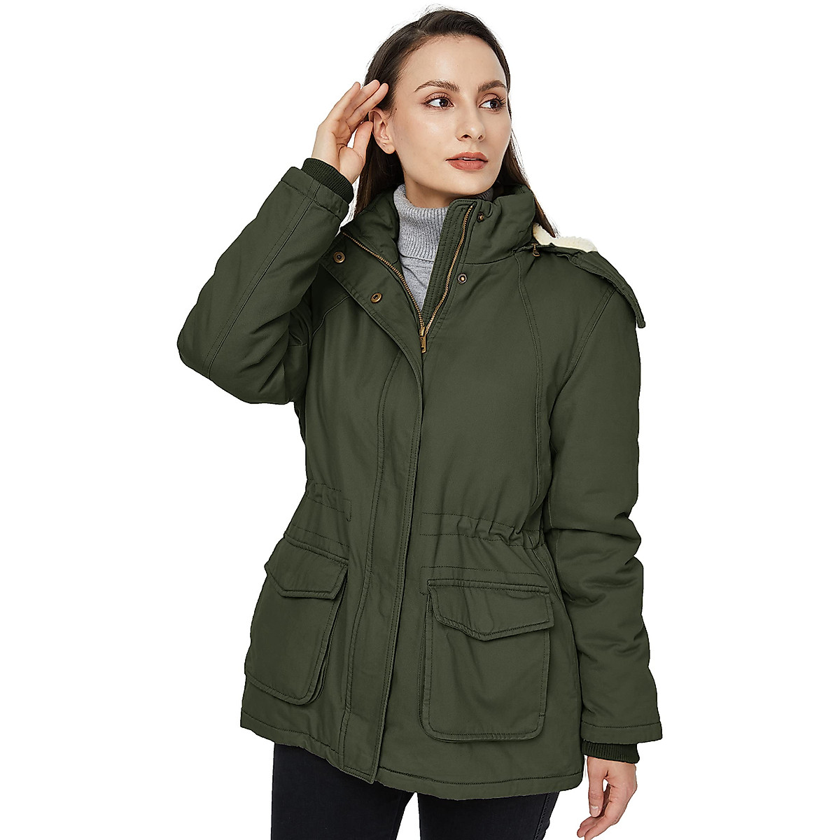 WenVen Women's Warm Fleece Lined Jacket Cotton Hooded Coat (Army Green, L)