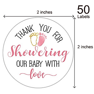 Pink Baby Shower Stickers, Thank You for Showering Our Baby with Love Stickers, Baby Shower Favors for Girls, Thank You Stickers Baby Shower, 2 Inch, Pack of 50.