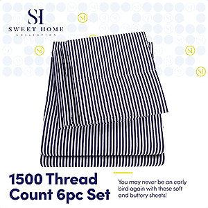 Full Size Bed Sheets - 6 Piece 1500 Supreme Collection Fine Brushed Microfiber Deep Pocket Full Sheet Set Bedding - 2 Extra Pillow Cases, Great Value, Full, Classic Stripe Navy