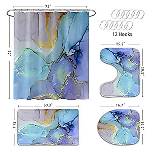 Gibelle 4 Pcs Bathroom Shower Curtain Set with Non-Slip Rugs, Toilet Lid Cover and Bath Mat, Purple Diamond Shaped Shower Curtain Hooks Set of 12