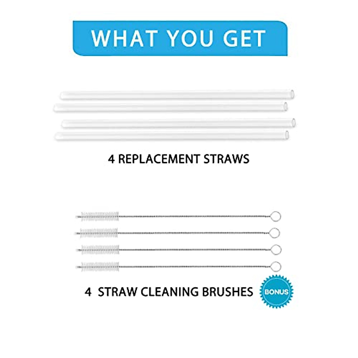 [4 Pack] Straws Replacement for Hydroflask Wide Mouth Bottle Straw Lid, 4 BPA-FREE Straws and 4 Straw Cleaning Brushes