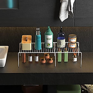 GEDLIRE Kitchen Cabinet Expandable Shelf Organizers Set of 2, Adjustable Metal Wire Pantry Storage Shelves, Plate Dish Organizer Rack for Cabinets, Cupboard, Counter, Freezer, Countertop, White