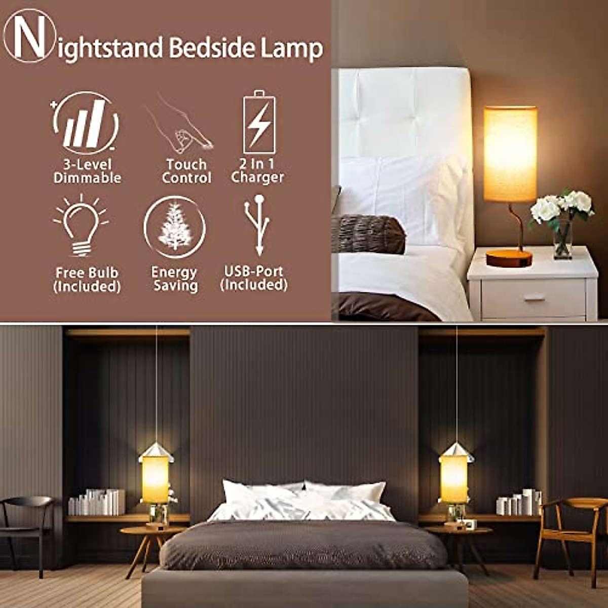 Unfusne Lamps for bedrooms Set of 2, Touch Control Table Lamp 3 Way Dimmable Nightstand Lamp with Fabric Shade, Small Lamp Set of 2 for Living Room, Dorm, Home,Office