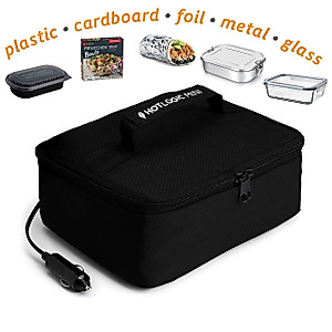 HOTLOGIC Mini Portable Electric Lunch Box Food Heater with Glass Container - Food Warmer and Heated Lunch Box for Adults Car/Home - Cook, Reheat, and Keep Your Food Warm - BLACK - 12V