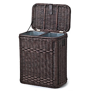 The Basket Lady Divided Wicker Recycling Basket with Removable Metal Liner, 20 in L x 13 in W x 24 in H, Antique Walnut Brown